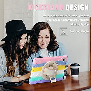 TSQQST Case for Samsung Galaxy Tab A8 10.5" 2022 for Kids Girls with Screen Protector Stand&Hand Strap | Rugged Protective Case for Samsung A8 Tablet SM-X200/X205/X207-Rainbow Pink