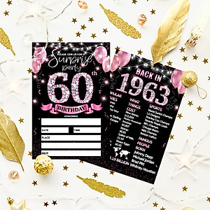 60th Birthday Party Invitation Card - Rose Gold Invites with Back In 1963 Poster Printing On The Back Double-Sided Fill-in Invites - 20 Cards with Envelopes for Party Favors - sr-06