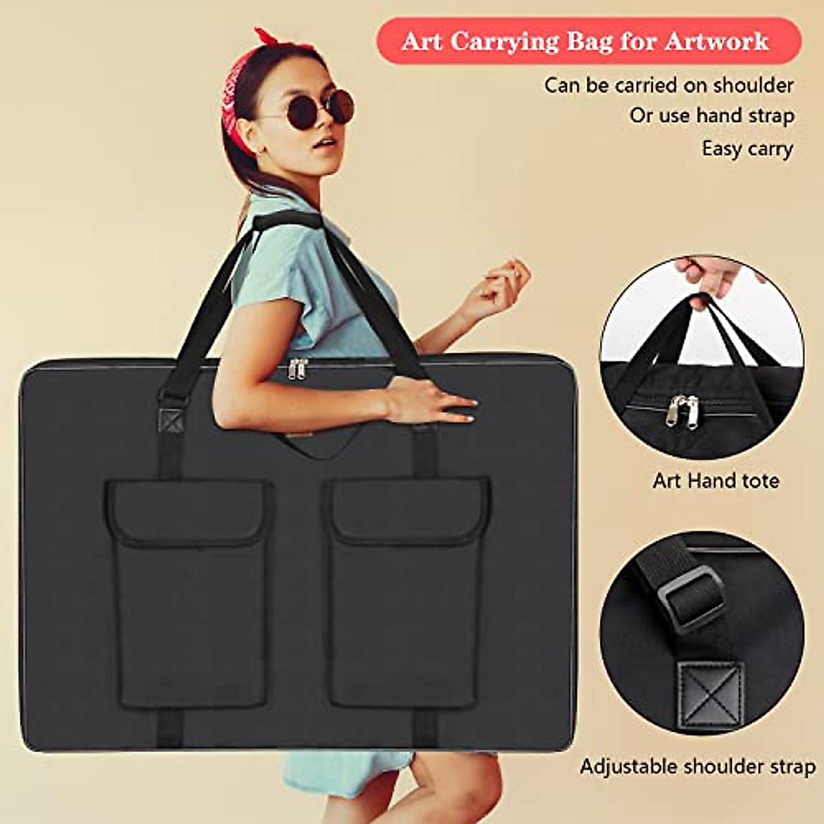 TreochtFUN Art Portfolio Case 24 x 36, Artist portfolio bag 2K Waterproof Canvas Carrying Case with Tote, Portfolio Folder for Artwork Storage for Poster Board Drawing supplies.(Black)
