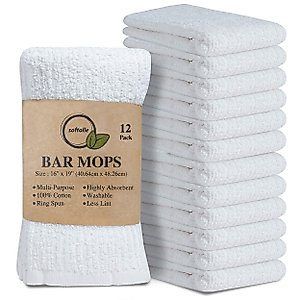 Softolle Kitchen Towels, Pack of 12 Bar Mop Towels -16x19 Inches -100% Cotton White Super Absorbent Towels, Multi-Purpose for Home and Bar Cleaning (White)