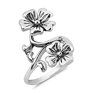 AeraVida Dazzling Heart Petal Double Flower Vine .925 Sterling Silver Ring | Vintage Floral Silver Ring for Women | Anniversary Jewelry Gift for All Occasion | Flower Statement Ring | Size (9)