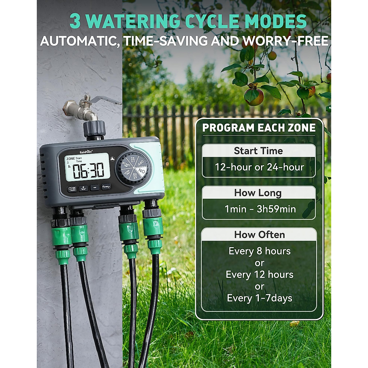 RAINPOINT Sprinkler Timer 4 Zone Water Timer, 4 Outlets Hose Timers for Watering with Rain Delay/Manual/Automatic Timed Irrigation Controller System, Programmable Digital Faucet Timer for Lawn Pool