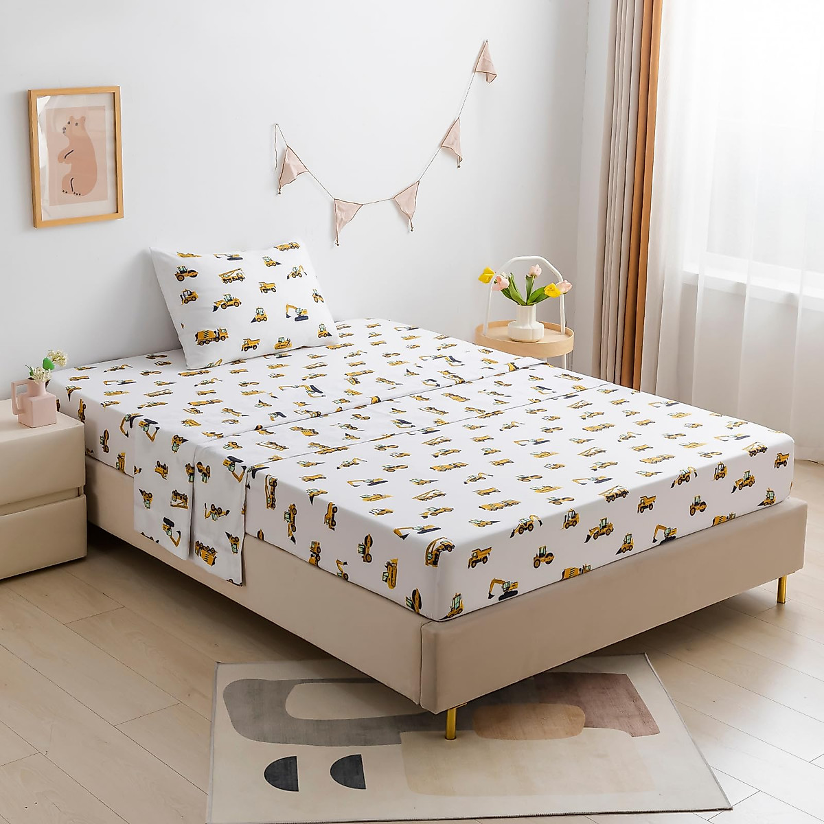 3-Piece Twin Size Kids Bed Sheet Set by Coukouchyi, Soft & Breathable Kids Fitted Sheet, Construction Kids Twin Bed Flat Sheet for Boys Deep Pocket (Twin)