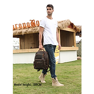 LANNSYNE Men's Vintage Full Grain Leather 15.6 Inch Laptop Backpack Camping Travel 24L Rucksack