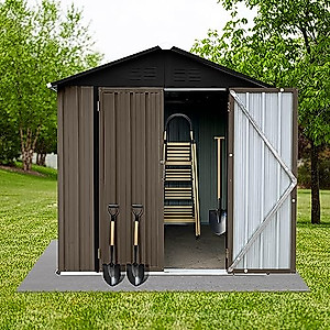 LCOZPG 6FT x 4FT Metal Outdoor Storage Shed, Steel Utility Tool Shed Storage House Tool Garden Shed with Lockable Doors for Backyard Garden Patio Lawn,Brown