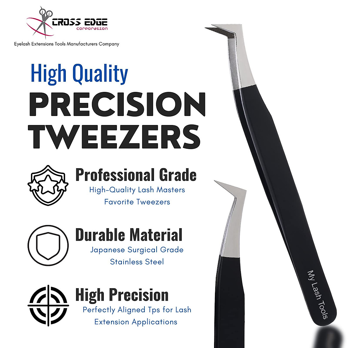 My Lash Tools Fiber Tip Lash Tweezers for Eyelash Extensions Pro Tweezer for Volume Lashes Japanese Stainless Steel Mink Lashes Fan Making Mega Volume Boot Angled Lashing Tweezers (Black)