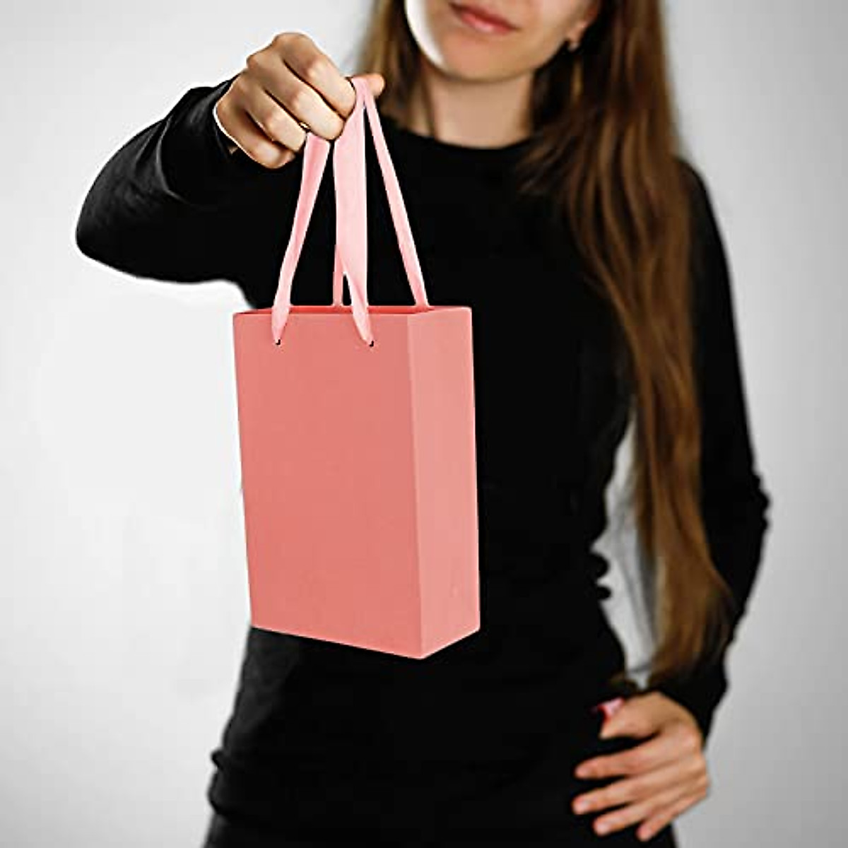 Dasofine Pink Gift Bags, 12pcs Pink Paper Bags, 7.4'' × 3.14'' × 10.15'' Pink Gift Bags with Handles, Gift Bags Bulk for Shopping, Party, Wedding