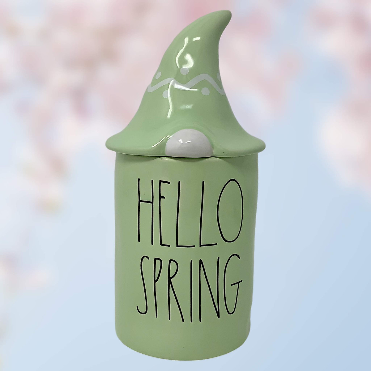RAE Dunn Green Garden Mint Scented Candle "Hello Spring" Spelled with Rae Dunn Style Using LL Font - Super Cute Gnome Hat Lid - Add This Candle to Your Rae Dunn Collection and Home Kitchen Décor