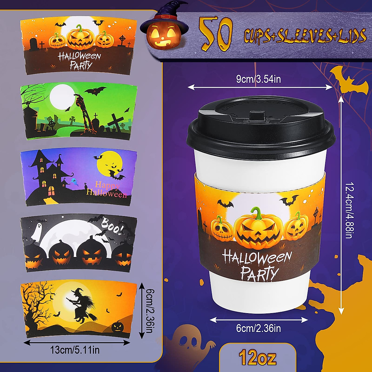 150 Pcs 12 oz Halloween Disposable Coffee Cups with Lids and Coffee Cup Sleeves Paper Hot Coffee Cups Dome Lids and Coffee Cup Tea Cup Sleeves for Halloween Party Decoration Supplies (Horror Pattern)