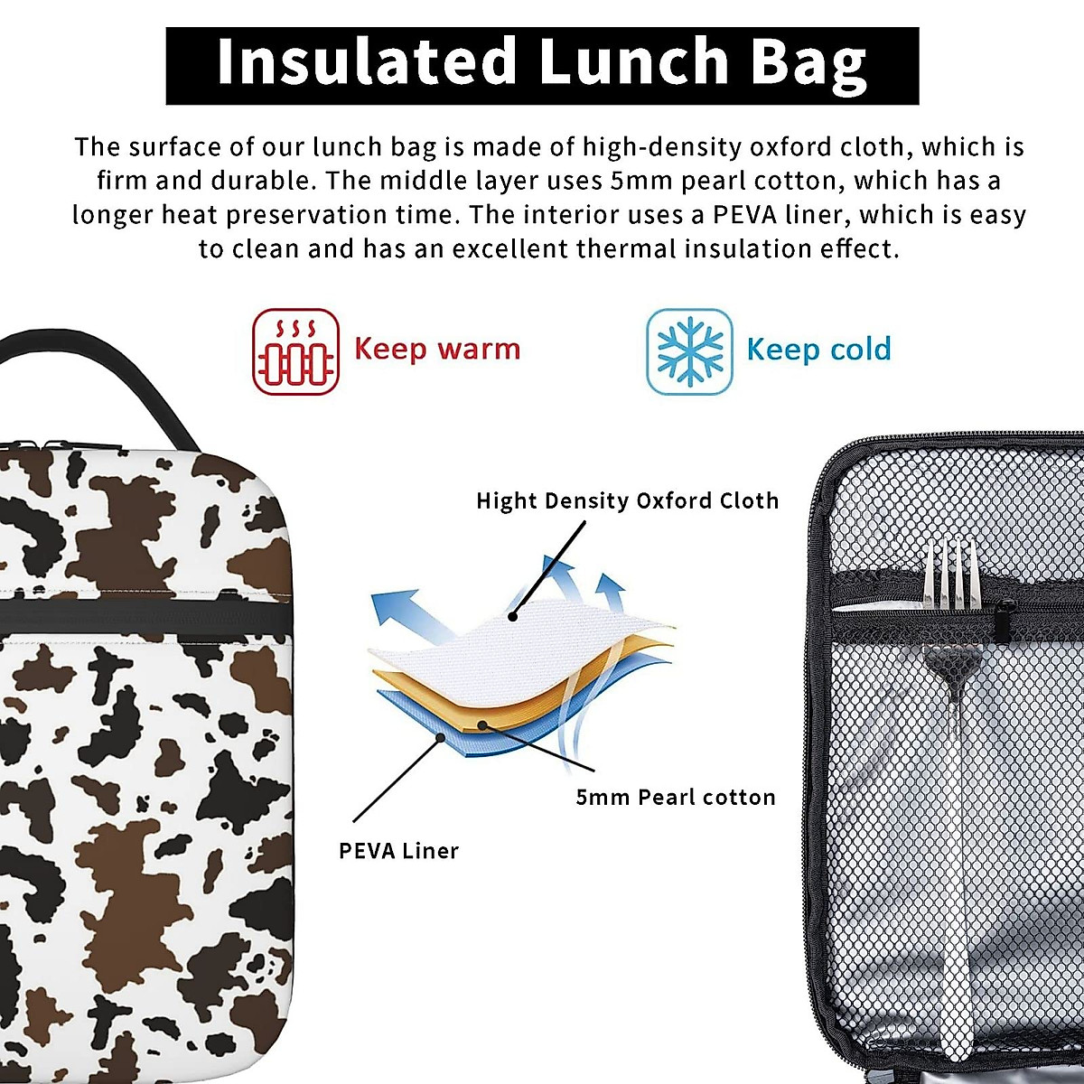 tiehrpr Fashion Cow Print Reusable Insulated Lunch Box Cooler Tote Bag Unisex Handle Lunchbox For Office/Hiking/Camping/Picnic/Beach