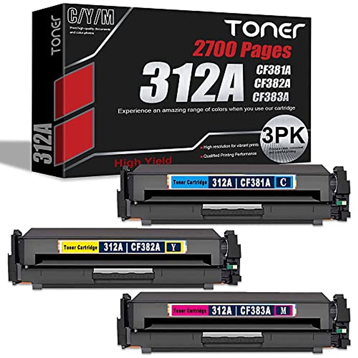 3 Pack (1Cyan+1Yellow+1Magenta) Remanufactured 312A CF381A 312A | CF382A CF383A Toner Cartridge Compatible Replacement for HP Color Color Pro MFP M476dw CF387A M476dn Printer Ink Cartridge.