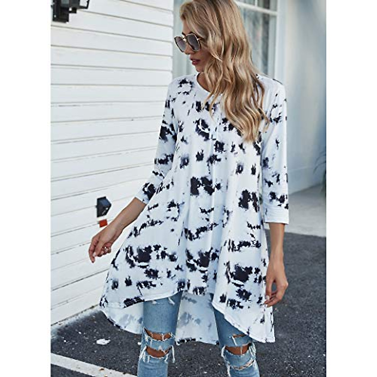 Naggoo Womens 3/4 Sleeve Hi Low V neck Long Blouses Tie Dye Print Loose Tunic Tops Shirts, Black White, XX-Large