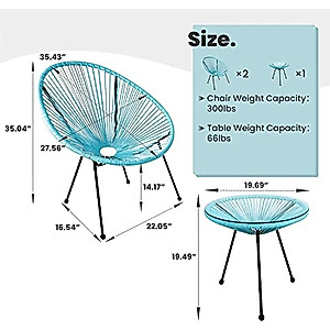 Patiomore 3-Piece Acapulco Chairs Set Rattan Outdoor Furniture Set, All- Weather Patio Conversation Bistro Set with 2 Woven Chairs and 1 Glass Table for Indoor, Balcony, Lawn Garden-Blue