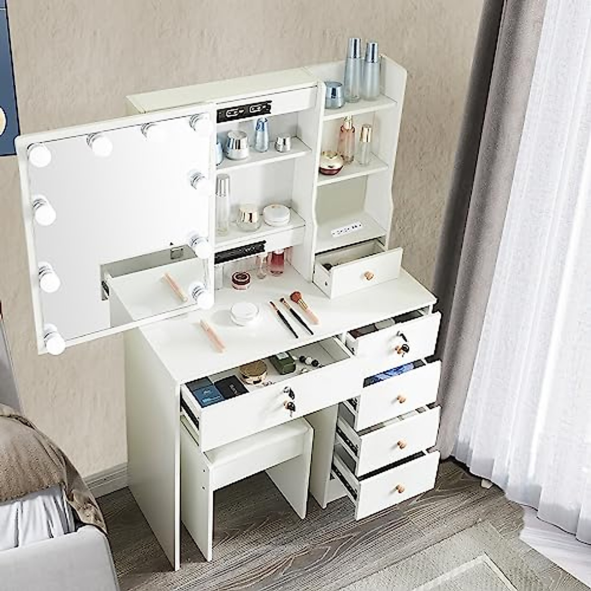 Vanity Desk with Power Outlet,White Vanity with Mirror and Lights, Makeup Vanity with 5 Drawers and Cushioned Stool, Makeup Table Set for Girls