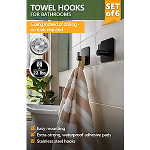 4smile Towel Hooks for bathrooms, Set of 6 - Black Adhesive Hooks, Durable Adhesive Wall Hooks - Strong Adhesive Towel Hooks, Stick on Hooks
