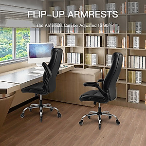 Big and Tall Office Chair for Heavy People 400lb, Executive Desk Computer Chair Adjustable Flip-up Armrests, PU Leather Swivel Task Chair with Ergonomic High Back and Lumbar Support