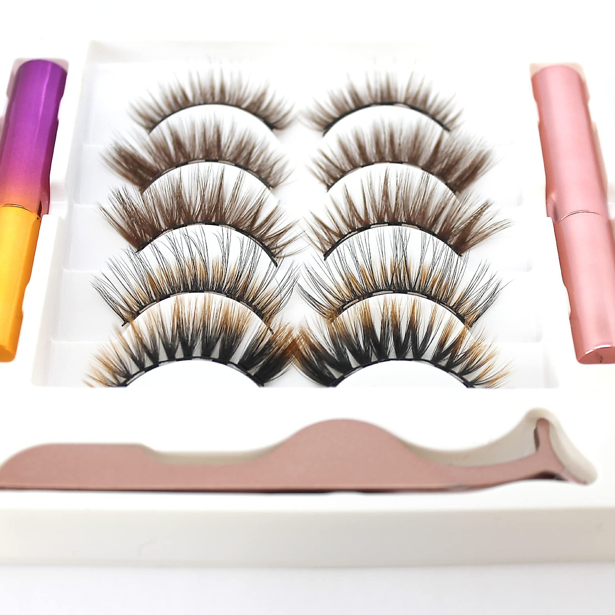6D Magnetic Eyelashes Brown, Black and Brown Magnetic Eyeliner, 5 False Eyelashes, Set of Tweezers(5 pairs, Brown)