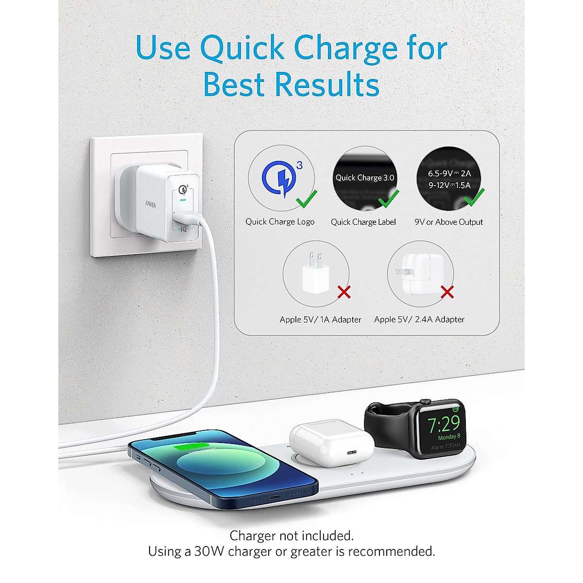 Anker Wireless Charging Station for Apple Products, PowerWave 3-in-1 Qi-Certified Pad for Apple Watch, iPhone 14/14 Pro/14 Pro Max/13, AirPods Pro (Watch Charging Cable & AC Adapter Not Included)