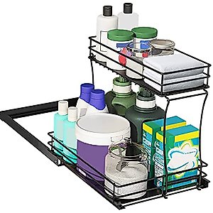 Ronanemon Pull Out Cabinet Organizer, 2-Tier Under Sink Slide Out Kitchen Cabinet Storage Shelves with Sliding Storage Drawer for Cabinet - 11.6W x 15.8D x 13.3H, Least 13" Cabinet Opening