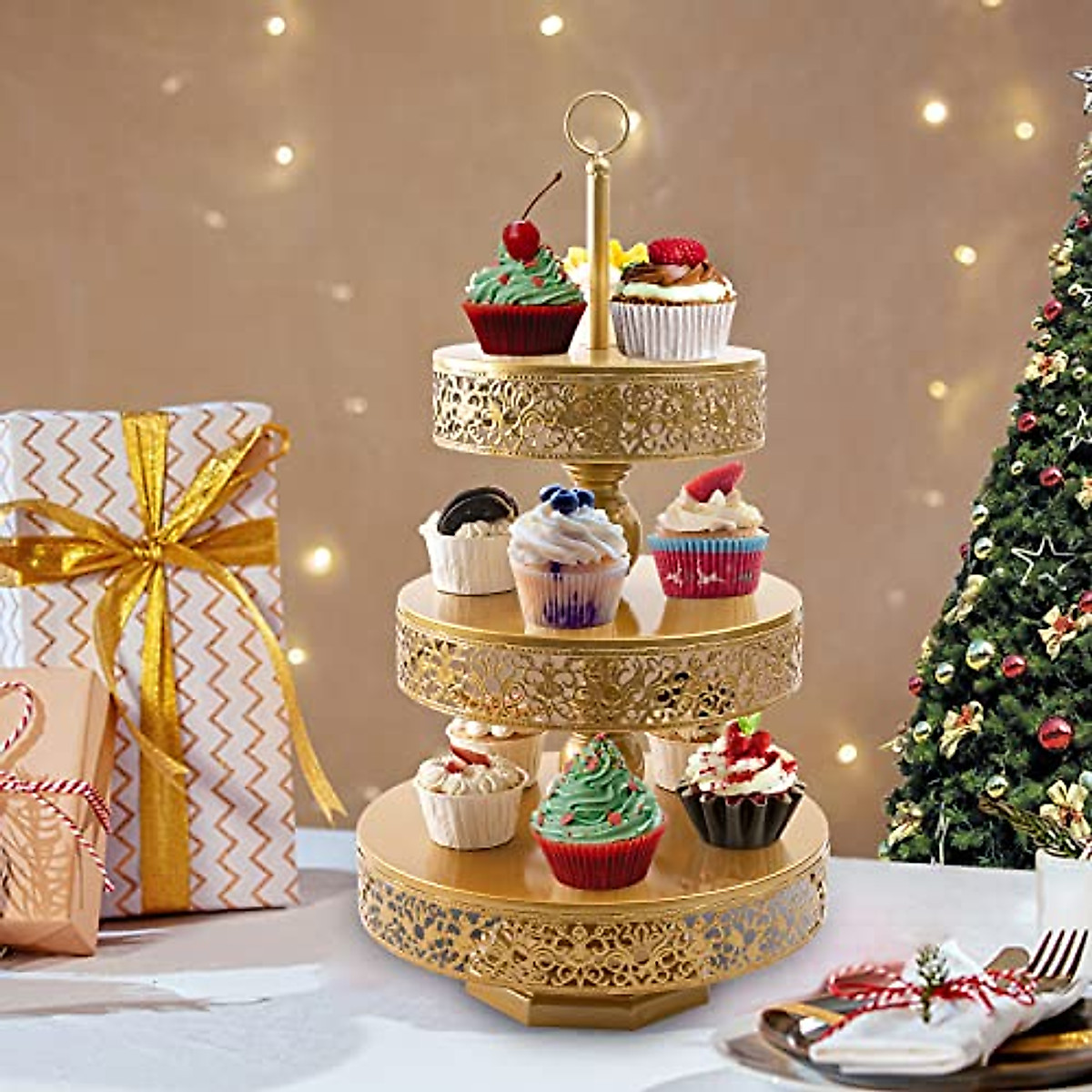 weharnar Gold Cupcake Stand - Tiered Dessert Table Display Set 3 Tier Metal Gold Serving Tray Round Cake Stand Holder for Wedding Tea Party Baby Shower Birthday Christmas Decor