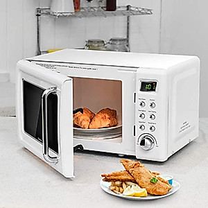 Retro Countertop Microwave Oven, Large 0.7Cu.ft, 700-Watt, Cold Rolled Steel Countertop with Time Setting, Glass Turntable Plate, Pre-Programmed Cooking Settings, LED Display, Child Lock (White)