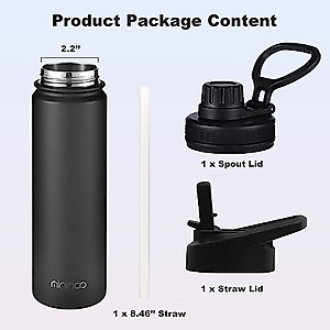 Mininoo 24 oz Insulated Water Bottle with Straw, Stainless Steel Double Wall Vacuum Thermos with Straw Lid & Chug Lid, Leak Proof, BPA Free, Keep Cold for 24H & Hot for 12H(Black)