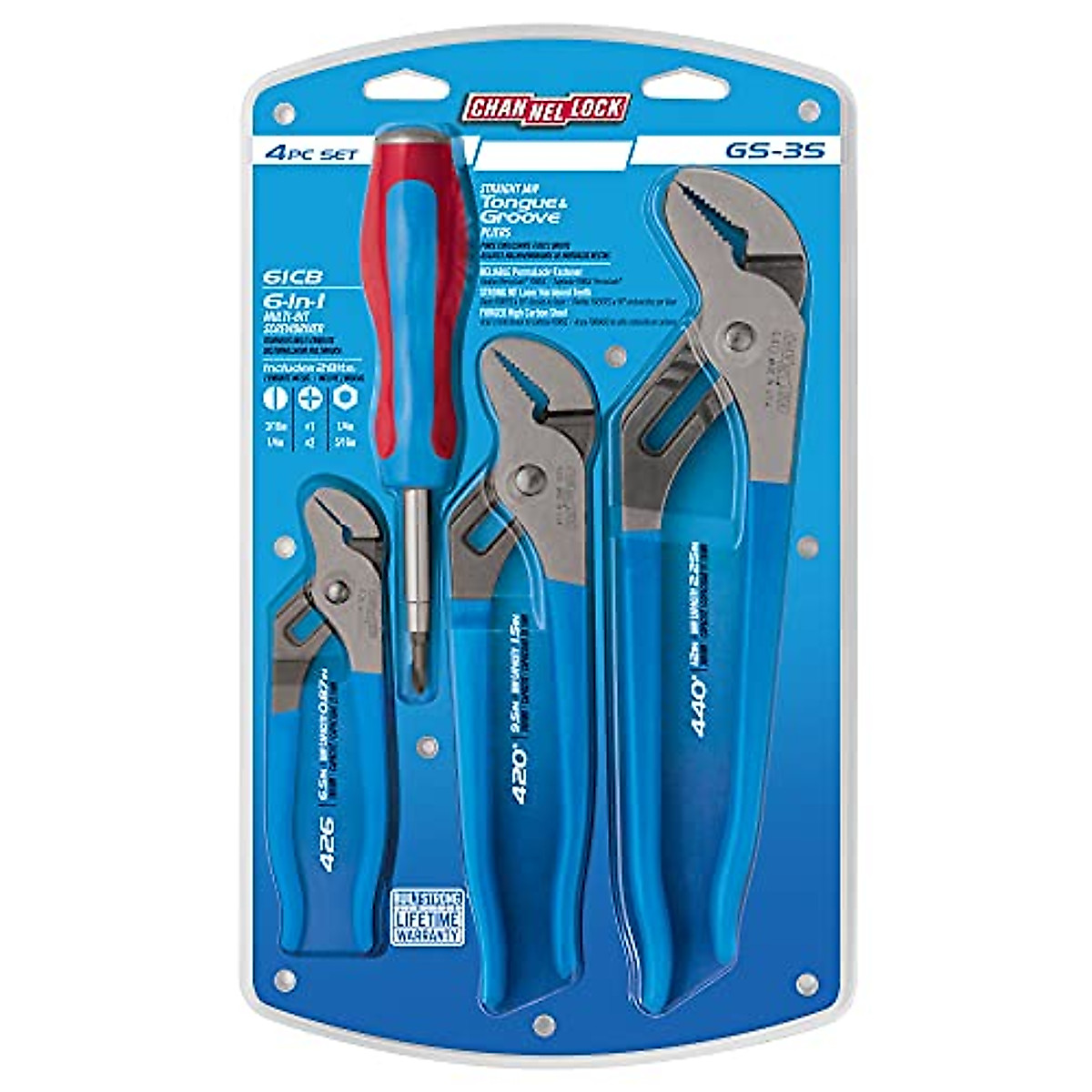 Channellock GS-3S 3 Piece Straight Jaw Tongue and Groove Pliers Set with bonus 6-in-1 CODE BLUE Screwdriver | Laser Heat-Treated 90° Teeth| Forged from High Carbon Steel | Pliers Made in USA
