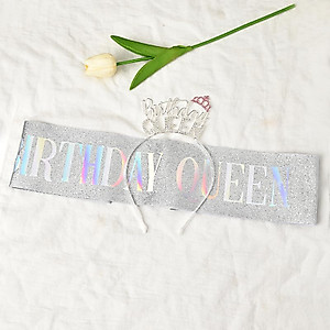 Birthday Queen Sash and Crown Tiara for Women Silver Glitter Happy Birthday Headband Hats Birthday Party Hats Decorations Supplies Photoshooting Props Birthday Gifts for Mom Grandma Women Friends