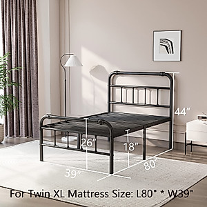 Bedella Twin XL Bed Frame with Headbaord and Footboard, 18 Inches High, Heavy Duty 3500lbs Steel Slats Support, Easy to Assemble, Noise Free, No Box Sprig Needed, Black