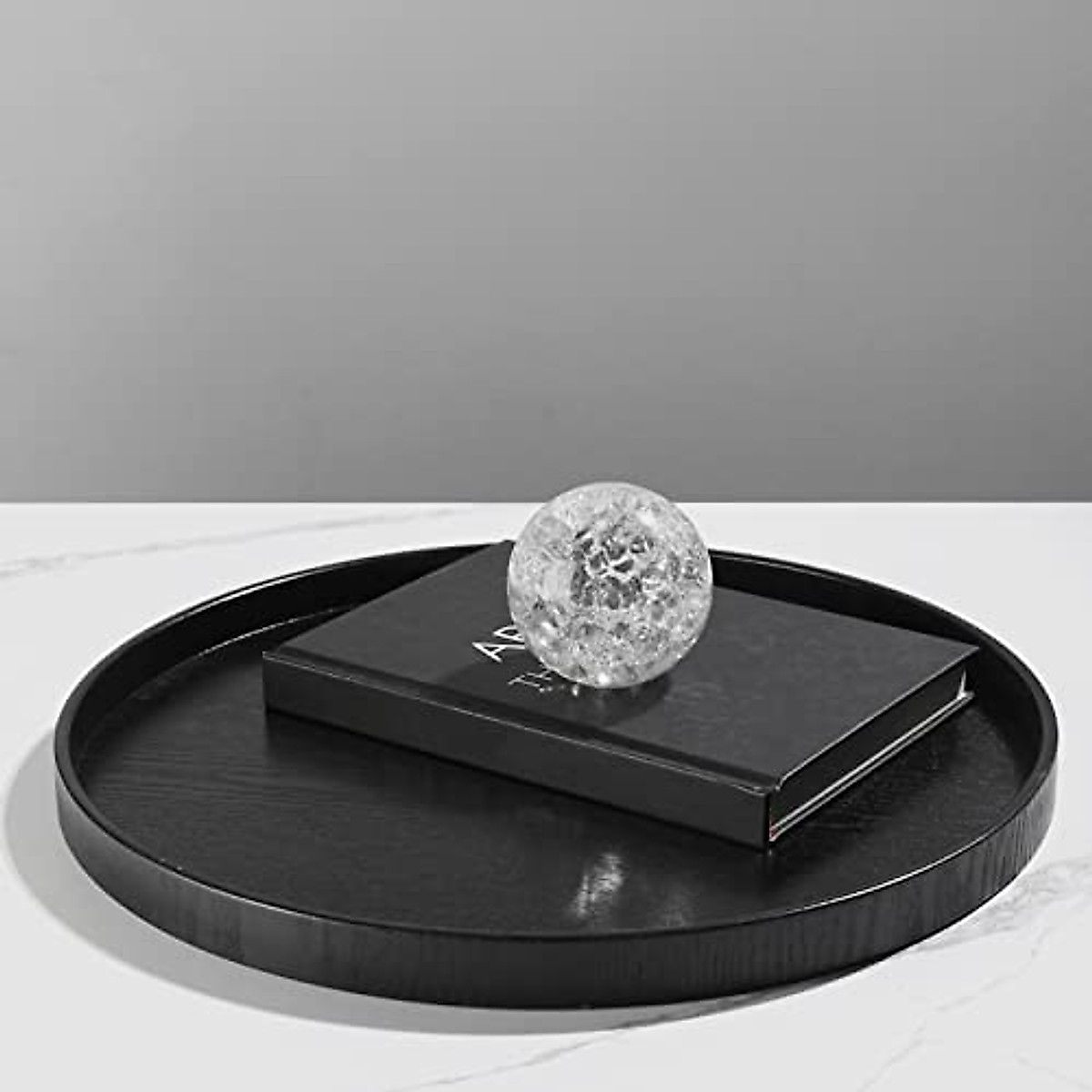 Round Solid Wood Serving Tray Large Tea Coffee Table Tray Snack Food Serving Platter Non-Slip Plate Kitchen Party Bar Server Breakfast Tray Ottoman Tray with Raised Edges (14.8inch/37.5cm) Black