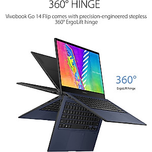 ASUS VivoBook Go 14 Flip Thin and Light 2-in-1 Laptop, 14'' HD Touch, Intel Celeron N4500, 4GB RAM, 64GB eMMC + 512GB SSD, NumberPad, Win 11, 1-Year Microsoft 365, Quiet Blue + Accessories