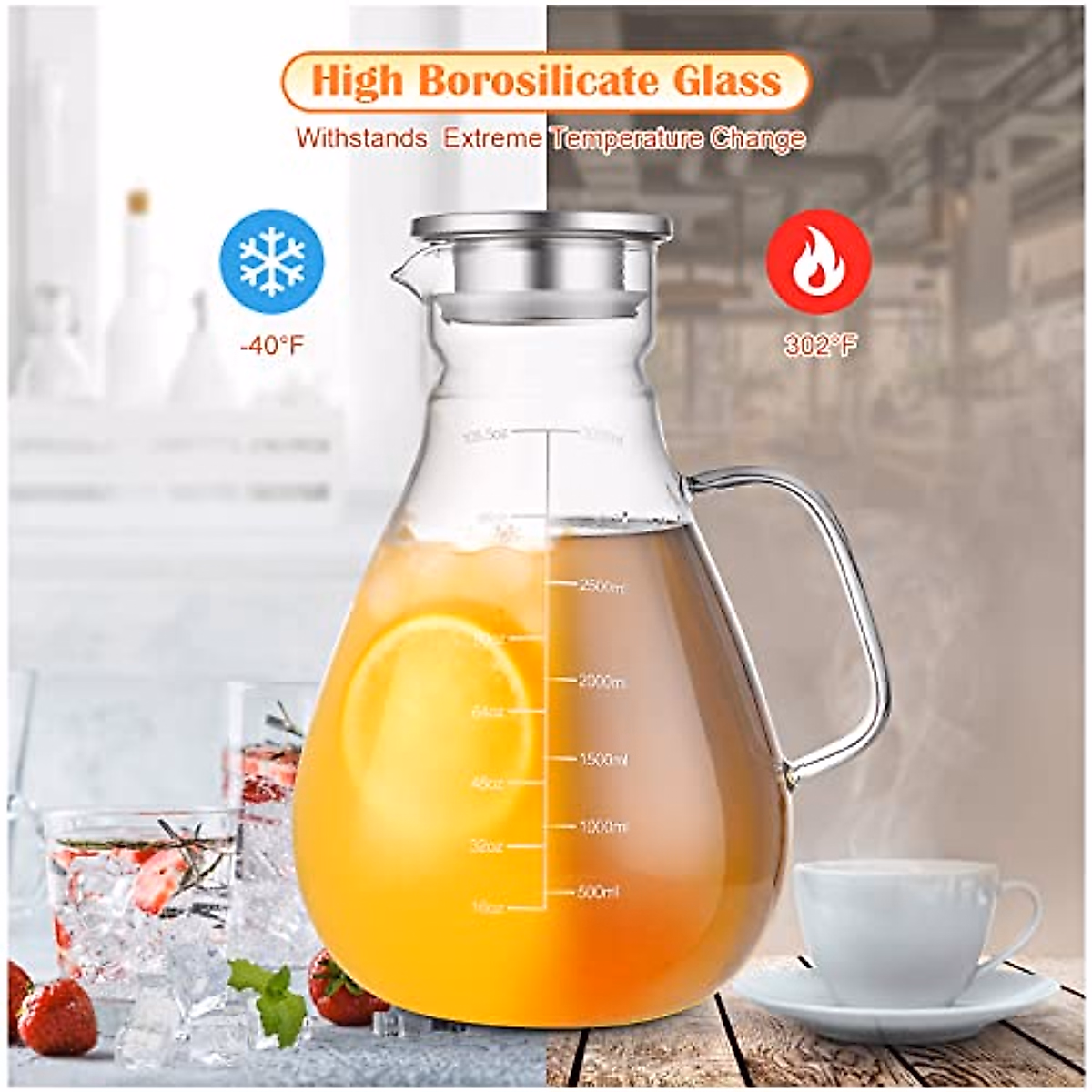 Glass Pitcher with Lid & Removable Fruit Infuser Filter, 105.6OZ Glass Fruit Infuser Water Pitcher with Precise Scale Line & Mix Spoon, HOUSALE 18/8 Stainless Steel Lid Iced Tea Pitcher Easy to Clean