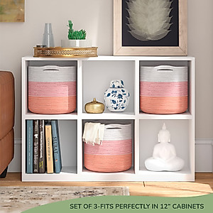 Eco Living Recycled Cotton Rope Storage Cube Basket, Plant Basket Multi-Purpose Woven Cube Organizer/Shelves, Closet Storage Bins, Nursery Kids Room Organizer 11 Inch Set of 3 - White & Pink