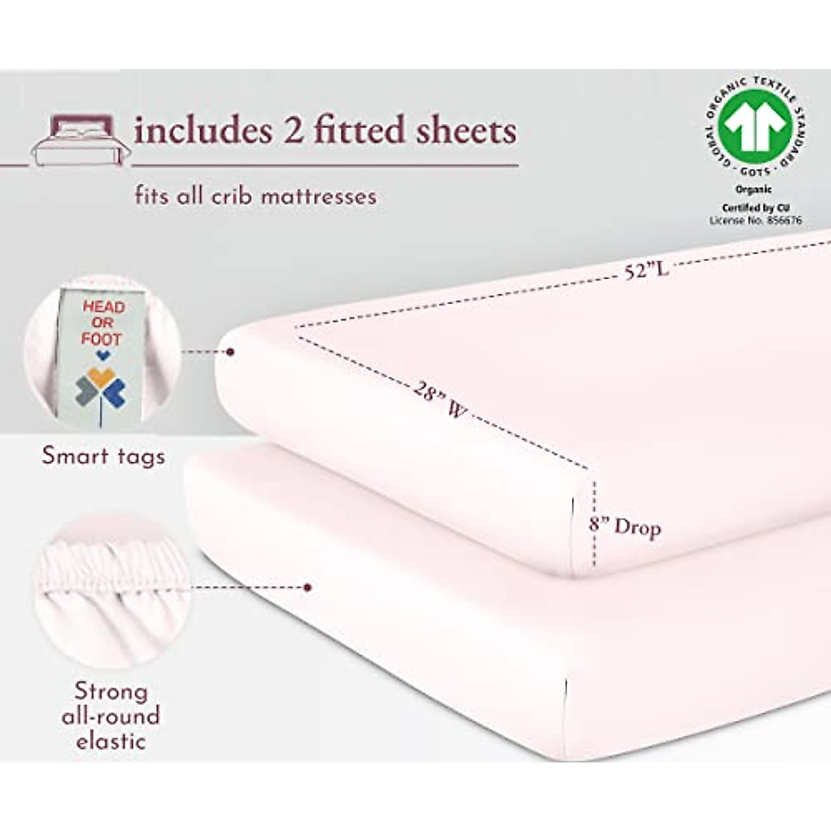 100% Organic Cotton Crib Sheets for Boys or Girls, Set Of 2 Fitted Sheets, Cooling & Softest Baby Crib Sheets for Girl, Crib Mattress Sheet or Toddler Bed Sheets, Percale (Blush Pink)