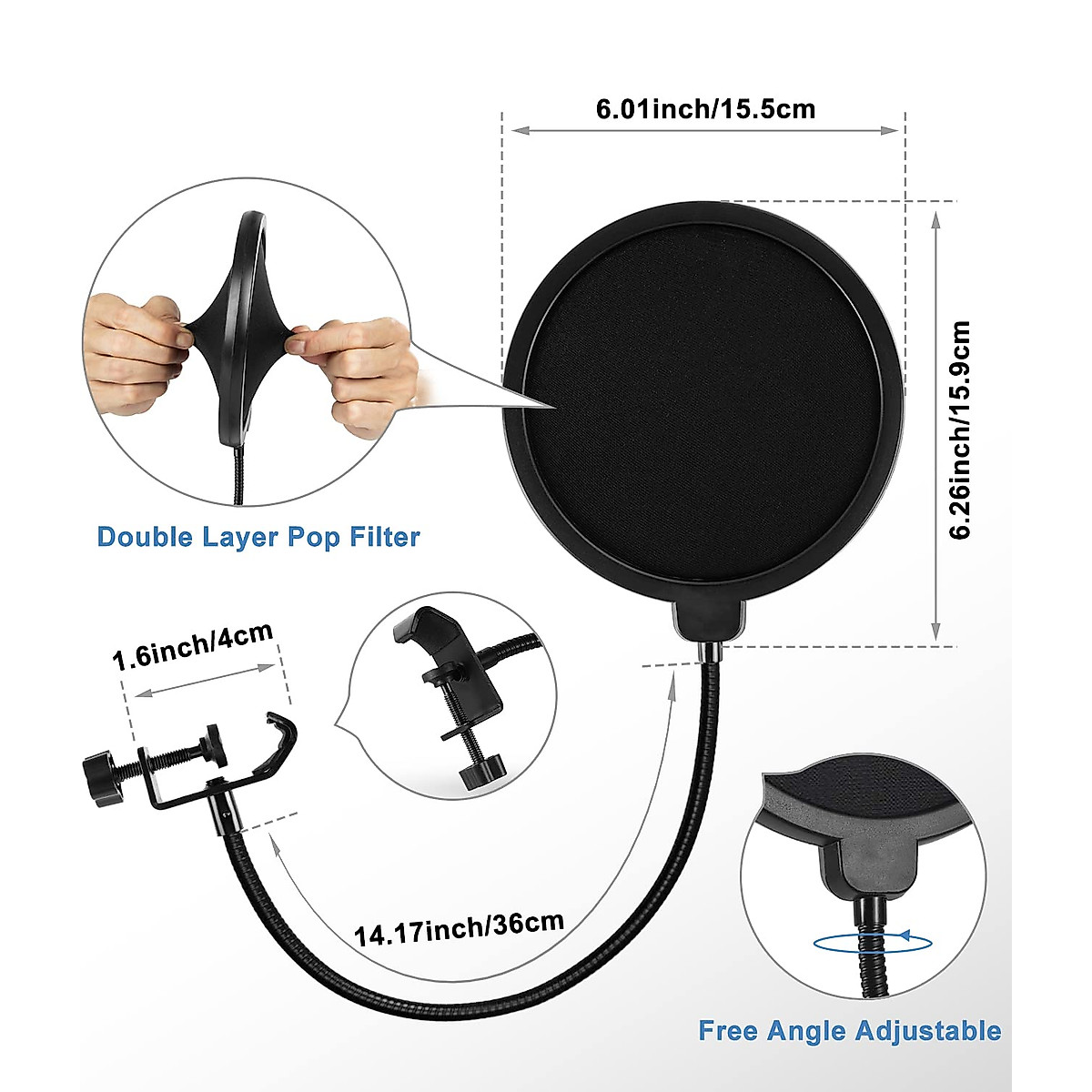 BILIONE Upgraded Desktop Microphone Stand, Adjustable Mic Stand Desk with Pop Filter, Shock Mount, Microphone Clip, 5/8" to 3/8" Metal Screw Adapter