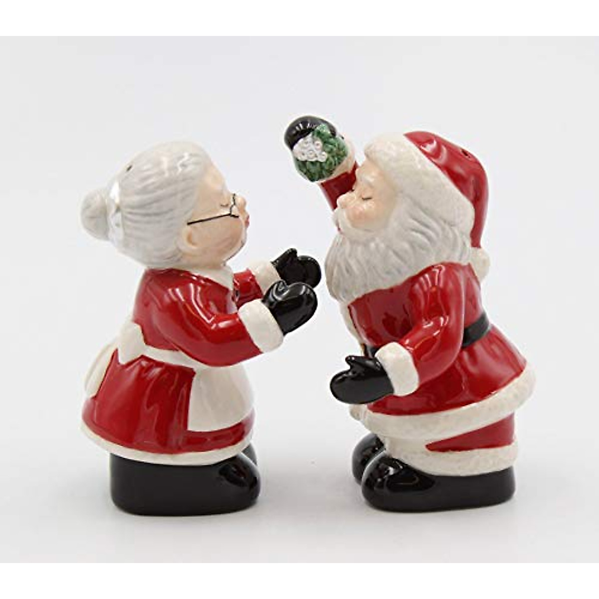 Fine Ceramic Kissing Santa & Mrs. Claus Under the Mistle Salt & Pepper Shakers Set, 3-3/8"