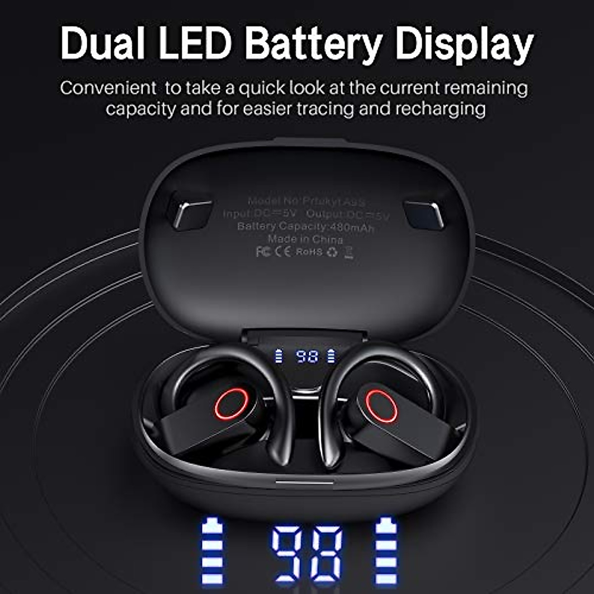 PRTUKYT Wireless Earbuds, Bluetooth 5.0 Running Headphones Stereo Deep Bass Sport Earphones Built-in Mic Digital LED Display 30Hrs Playtime Headset with Ear Hooks for Sports Running Gym
