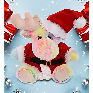 DolliBu Santa Rainbow Moose Stuffed Animal Plush Toy - Super Soft Dress Up with Red Santa Claus Outfit, Cute Moose Gift Perfect Holiday with Name Personalization - 9 Inches