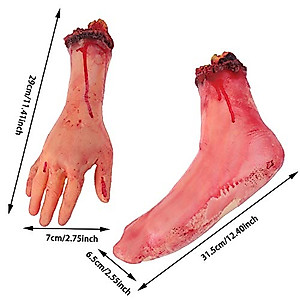 Omigga 2 Pack Fake Human Severed Arm Hand with Foot, Terror Bloody Dead Body Parts Decorations for Halloween Parties and Cosplay