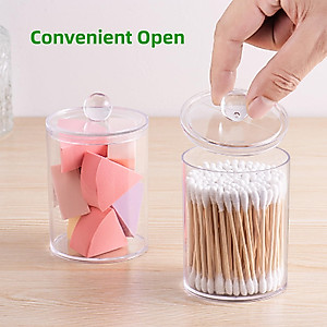 XIPENGKEJI 4 Pack Qtip Holder, Apothecary Jars Cotton Ball Holder Dispenser, Bathroom Jars with Lids Set for Cotton Round, Cotton Swab, 10oz Plastic Canisters Restroom Bedroom Vanity Organizer (Clear)