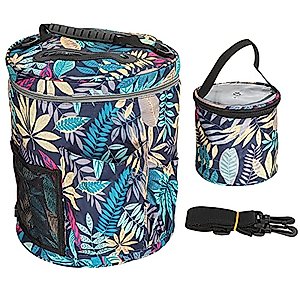 Pssopp 2Pcs Portable Woolen Yarn Storage Bag Knitting Bag, Yarn Storage Round Tote Bag, 600D Oxford Cloth Printing Multi-Pocket Hand Strap(Blue Leave)