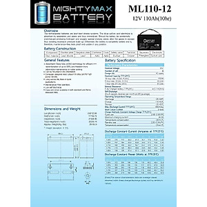 ML110-12 - 12 Volt 110 AH, Internal Thread (INT) Terminal, Rechargeable SLA AGM Battery