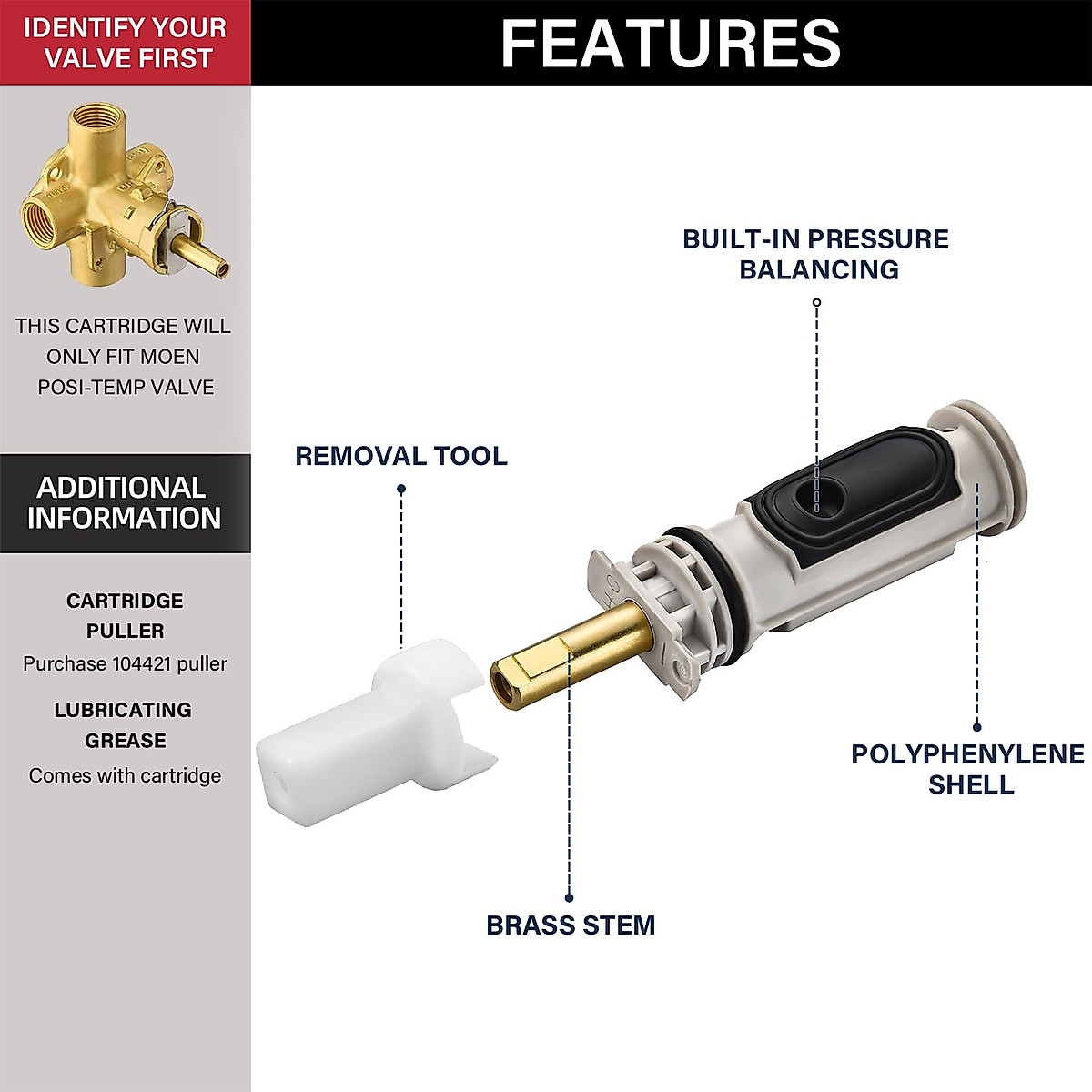 1222 Replacement Cartridge with Removal Tool 104421 and Handle Adapter Kit 116653 for Moen, Compatible with One Hanlde Posi Temp Shower Faucet