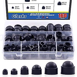 Glarks 160Pcs Black Bolt Covers Screw Caps Assortment Kit, M4 M5 M6 M8 M10 M12 Nylon Acorn Dome Protection Caps for Protecting Hexagon Shaped Screws Bolts (Black)