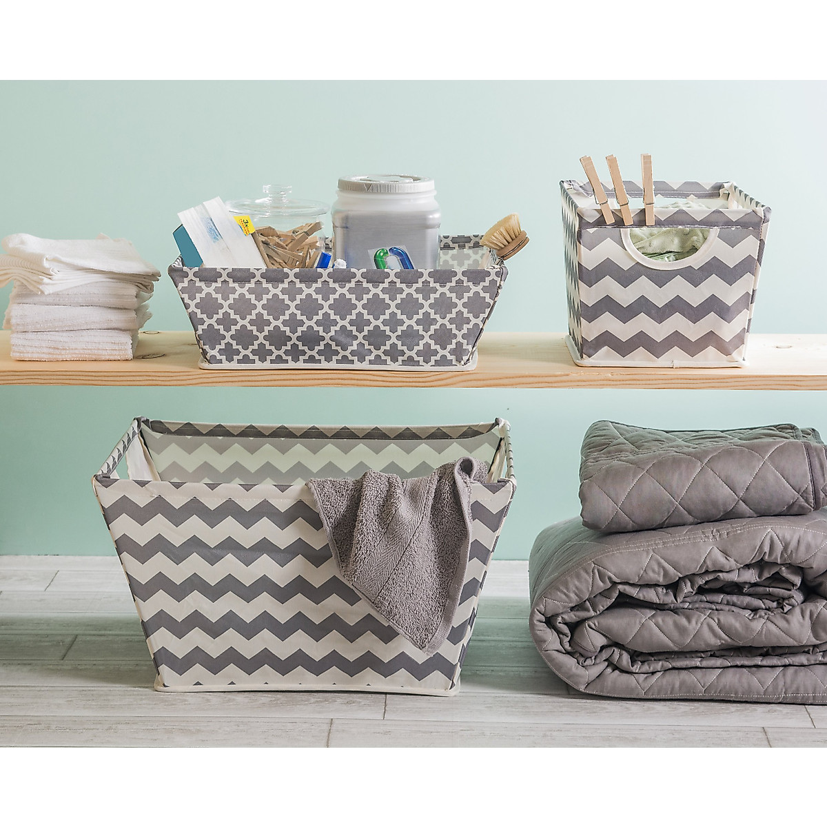 DII Collapsible Polyester Storage Bin, Trapezoid Chevron, Gray, Large