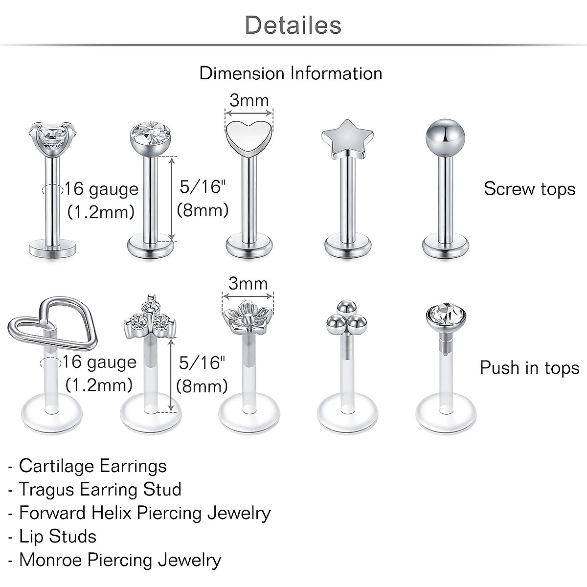 MODRSA 16G Forward Helix Earring Cartilage Earring Tragus Earrings Stud 8mm Stainless Steel Flexible Plastic Lip Rings Labret Studs Labret Piercing Jewelry