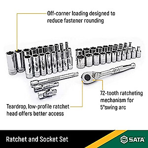 SATA 43-Piece 1/4-Inch Drive SAE and Metric Socket Set, Standard and Deep Sizes, with Ratchet and Other Accessories - ST09007U