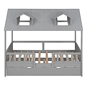 Twin Size House Bed Wood Bed with Twin Size Trundle (Gray)