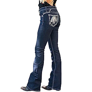 QJBMEI Women's Jeans High Rise Feather Embroidery Stretchy Bootcut Slim Wide Leg Denim Pants,Blue,S