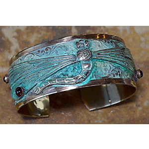 Elaine Coyne Collectible Artwear Patina Dragonfly Cuff Bracelet - Genuine Amethyst and Garnet - USA Made